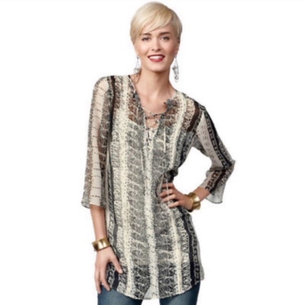 Cabi Beatnik Chiffon Sheer Laced Up Bust Tunic Top - Gem